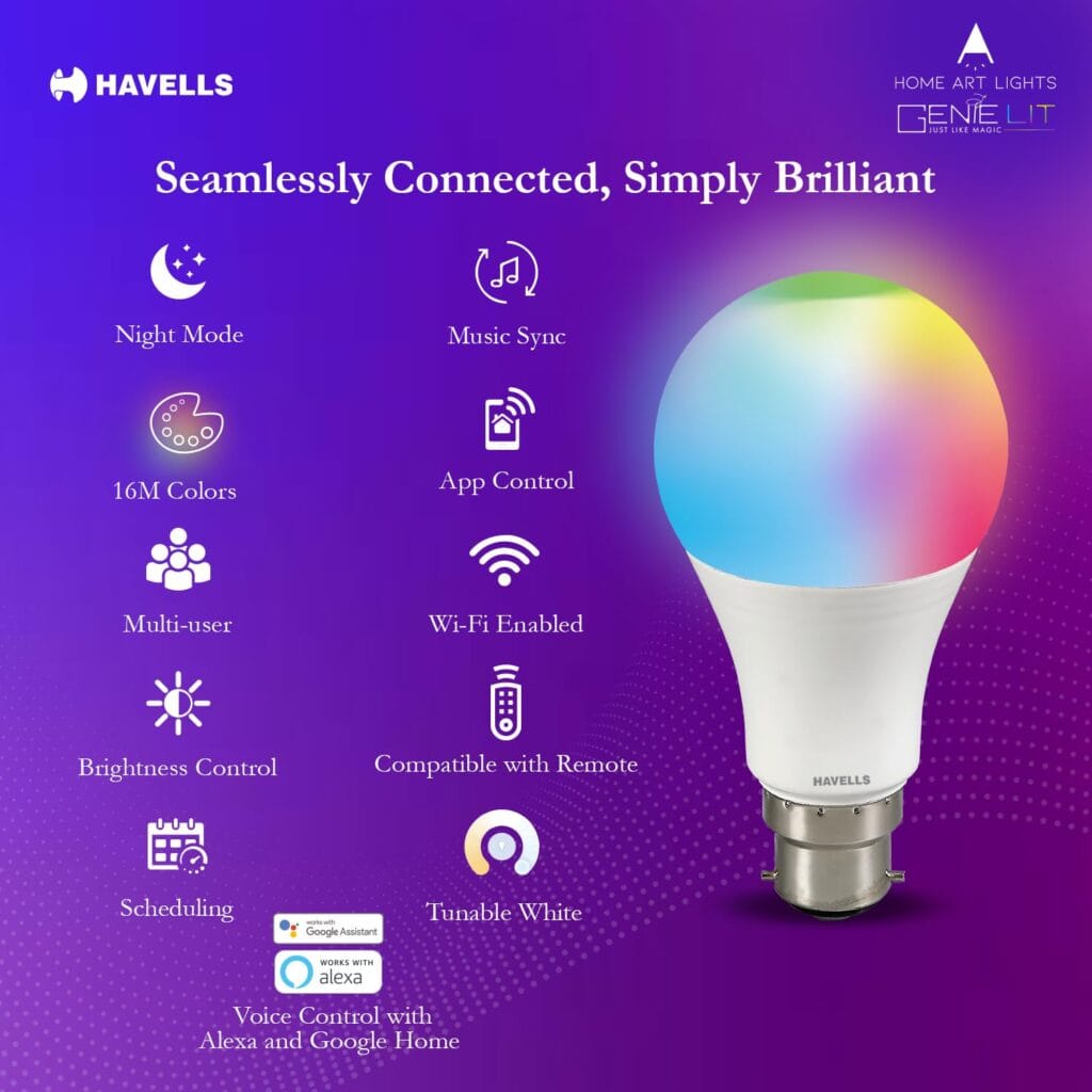 Havells Glamax Smart WiFi RGB LED Bulb With Music Sync | 9W, B22 (16M ...