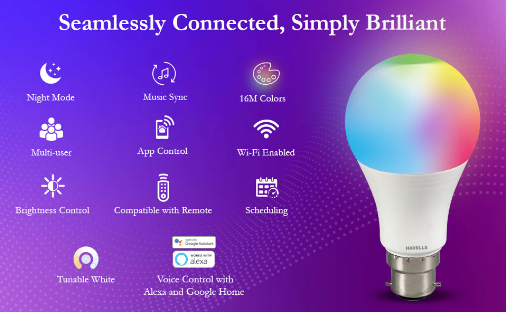 Havells Glamax Smart WiFi RGB LED Bulb With Music Sync | 9W, B22 (16M Colors + CCT + Dimmable)