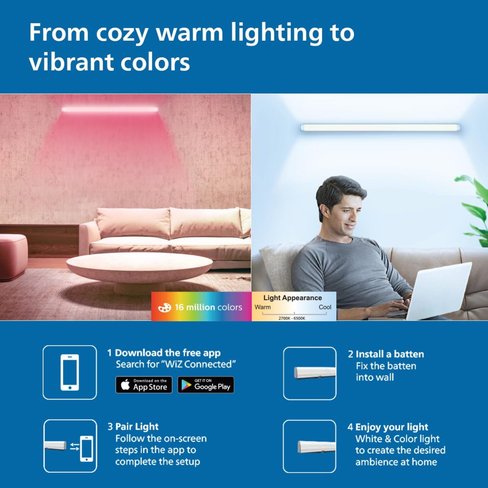 Philips Smart RGB Tube Light 20W 3Ft Full Color WiZ WiFi LED Batten ...